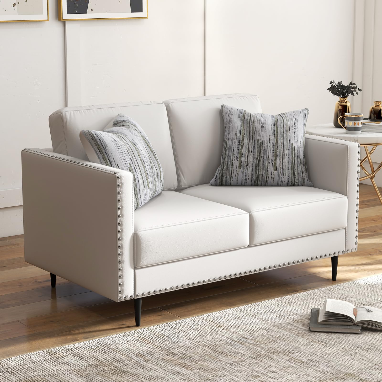 EBELLO Modern Loveseat Sofa Living Room, Upholstered 2-seat Leather Sofa Couch, Rivet Design, Wood Frame and Sturdy Legs Small Sofa for Small Space, Bedroom Office, White