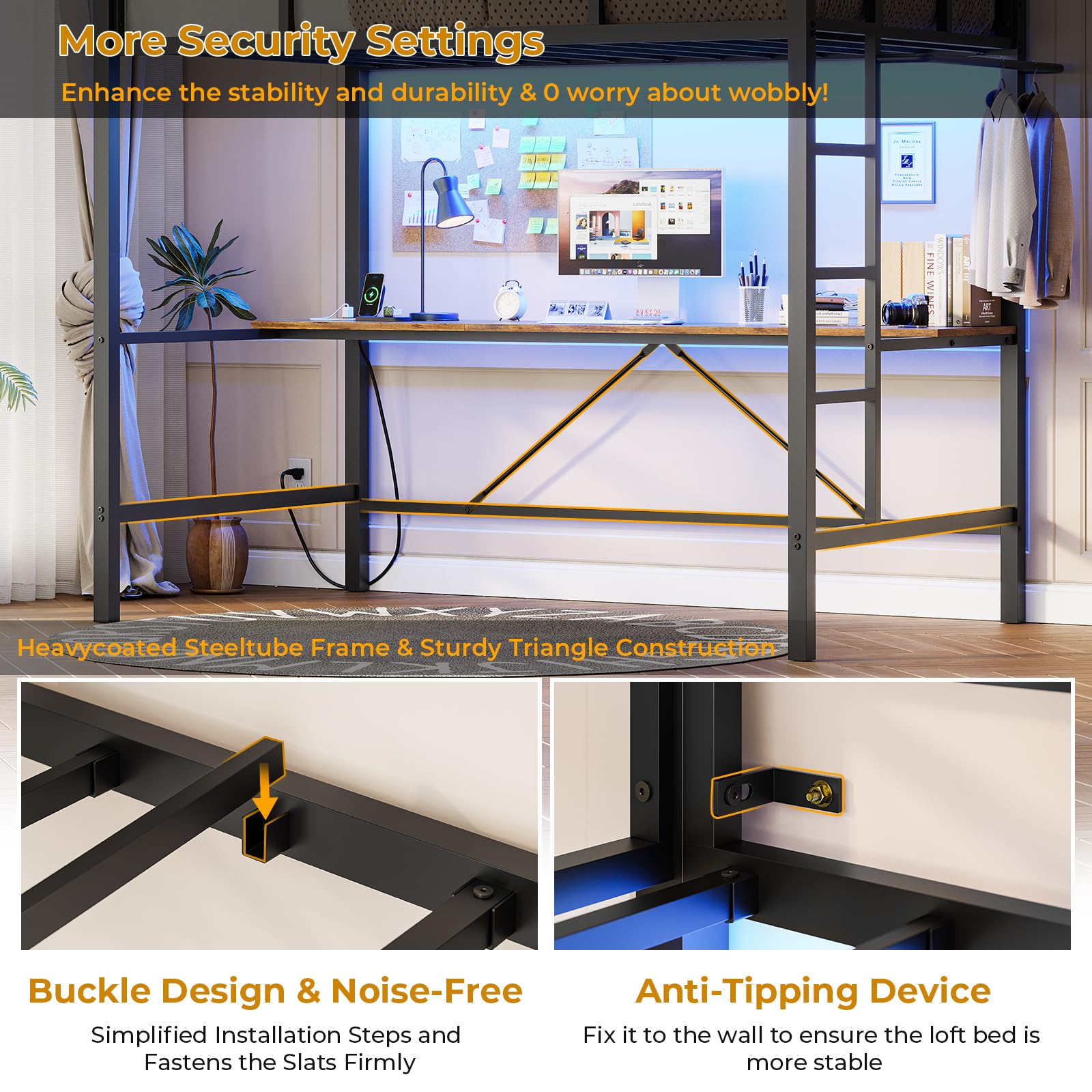 DICTAC Loft Bed Full Size with Desk and Led Lights Full Metal Loft Bed with Charging Station Full Size Metal Bed Frame with Safety Guard & Ladder, Space-Saving,No Noise,No Box Spring Needed, Black