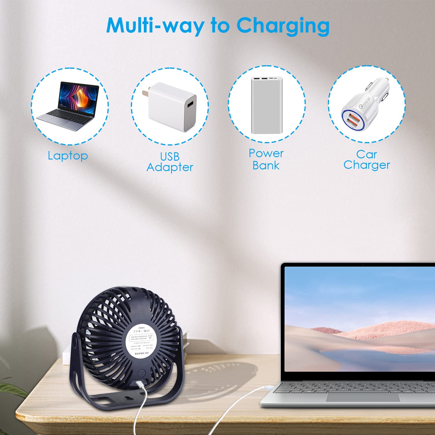 USB Desk Fan,2000mAh Powerful Desktop Table Cooling Fan,Small Personal Fan,USB Rechargeable Mini Fan with 3 speed Strong Airflow for Home Office Desktop Camping,Summer Gift for Friends