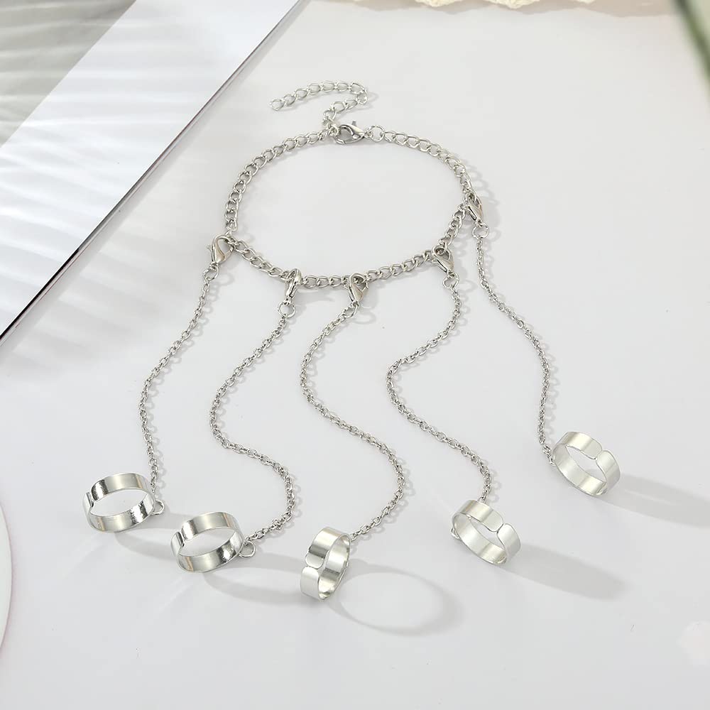 BENBIYO Chain Finger Rings Bracelet Adjustable Stainless Steel Silver Gothic Punk Cool Statement Stackable Rings for Eboy Egirls Women
