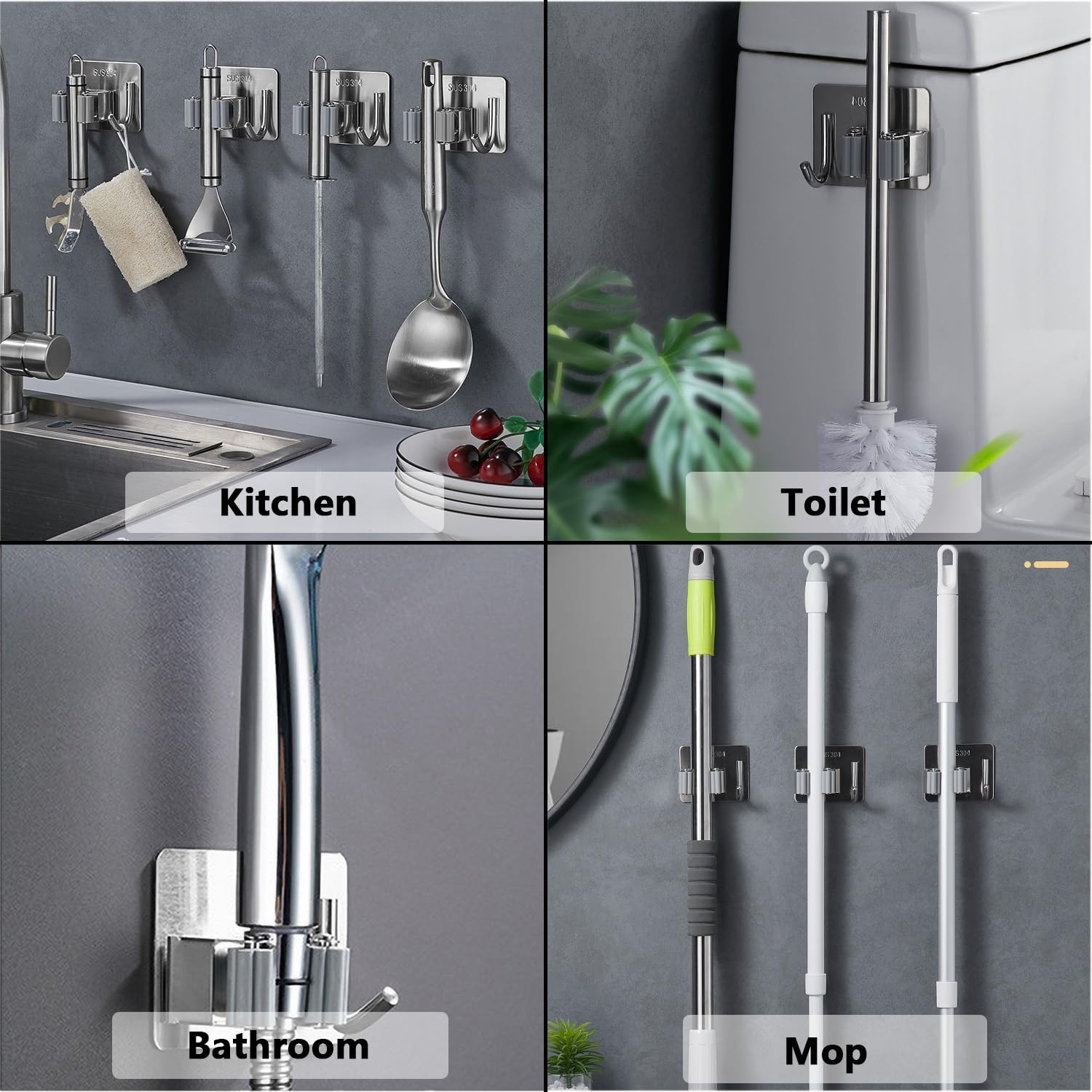 Daewiutr 6Pcs Broom Holder Wall Mount, Self Adhesive Anti-Slip Adhesive Hook Broom Holder Wall Mount, Stainless Steel Broom Storage Holder for Bathroom, Kitchen, Office, Garden, Garage