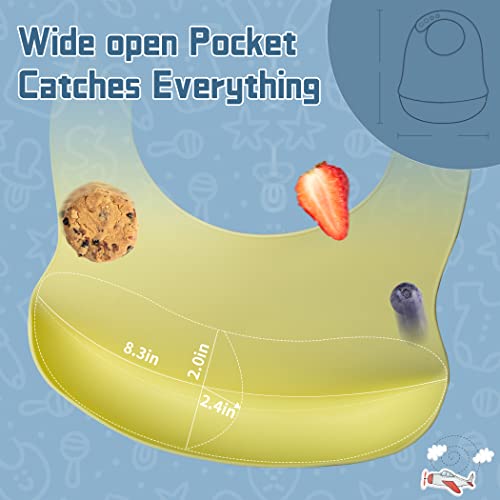 Himirt silicone baby bib and silicone baby spoon set, soft adjustable waterproof bib for babies and toddlers, with pockets to catch food. (1 yellow bib, 1 spoon)