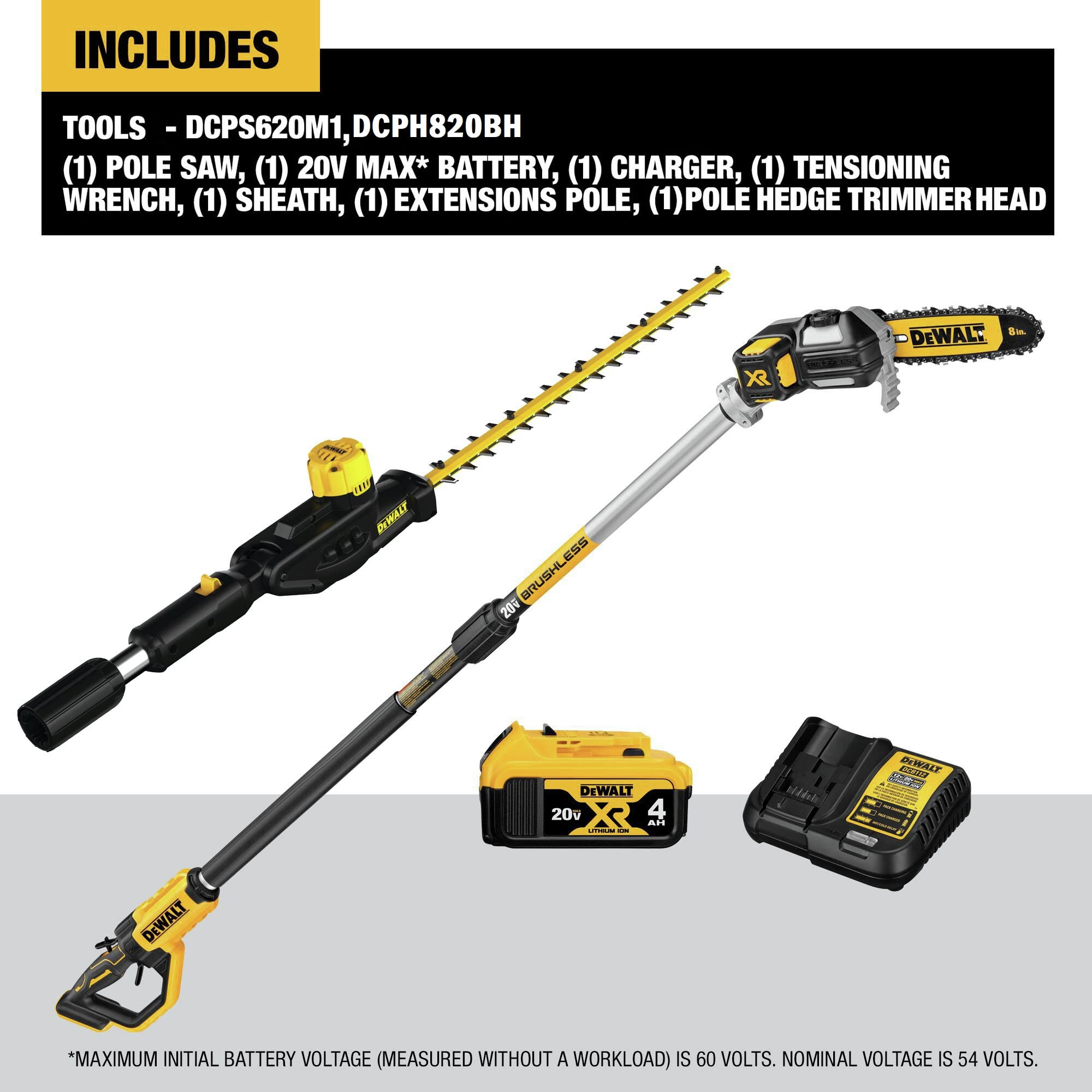 DEWALT 20V MAX* Pole Saw & Hedge Trimmer Attachment, 15-foot Reach, Brushless (DCPS620M1 & DCPH820BH)