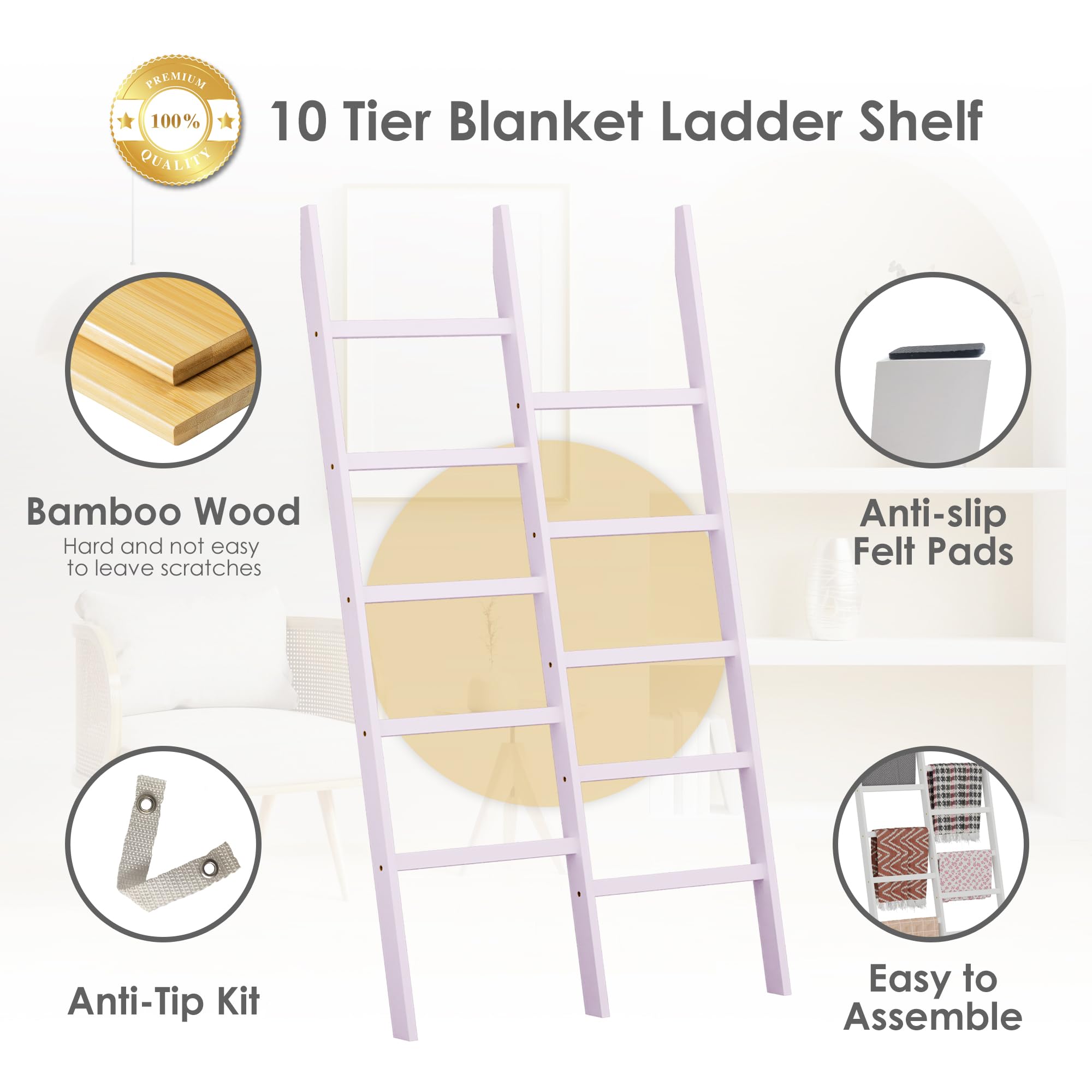 Daflymaco Blanket Ladder for Living Room - 10-Tier Bamboo Wood Blanket Ladder Quilt Ladder Rack Modern Decor Wall Leaning Ladder for Blankets Easy Assembly Blanket Holder for Home Bathroom White