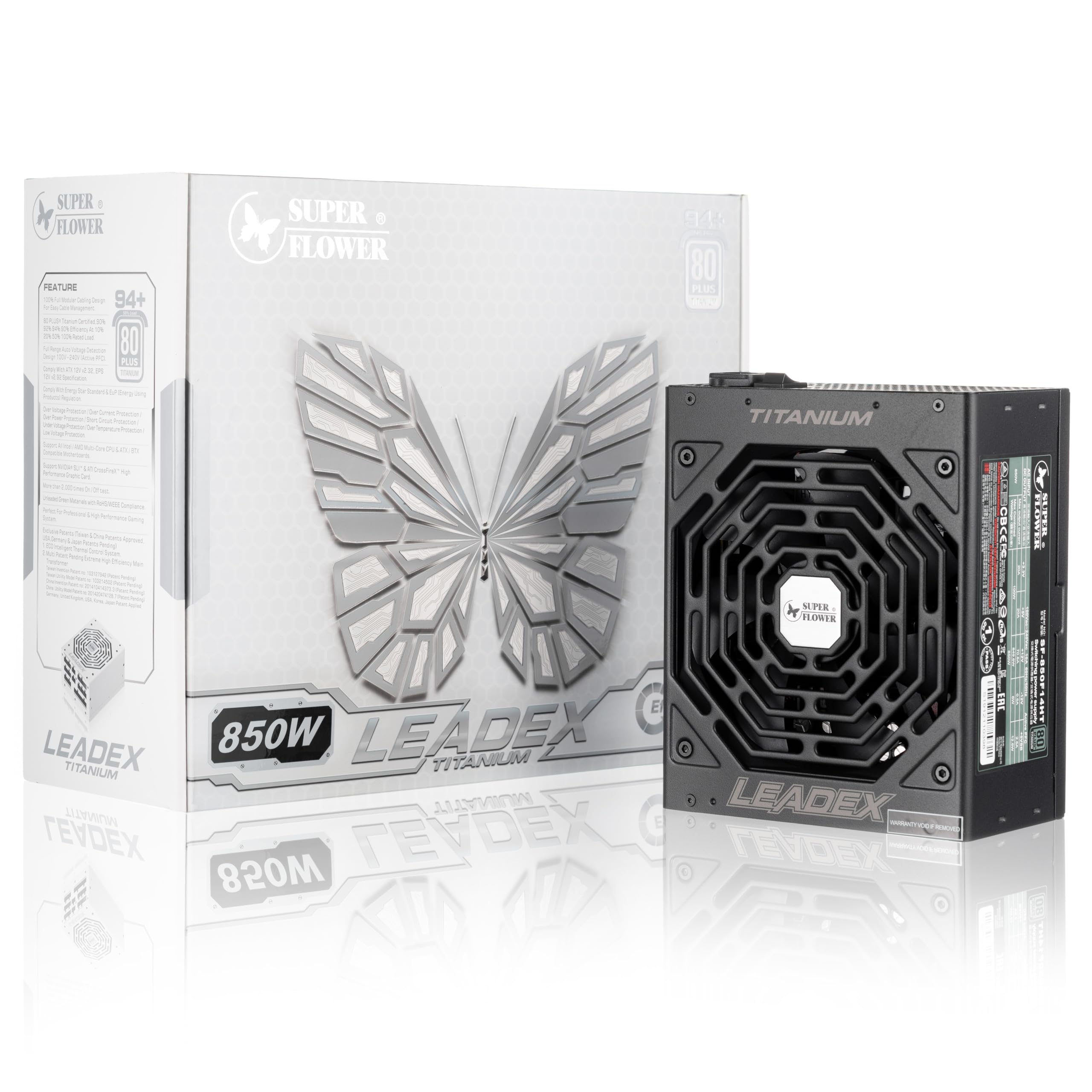 Super Flower Leadex Titanium 850W 80+ Titanium, ECO Fanless & Silent Mode, Full Modular Power Supply, Dual Ball Bearing Fan, 10 Year Warranty. SF-850F14HT