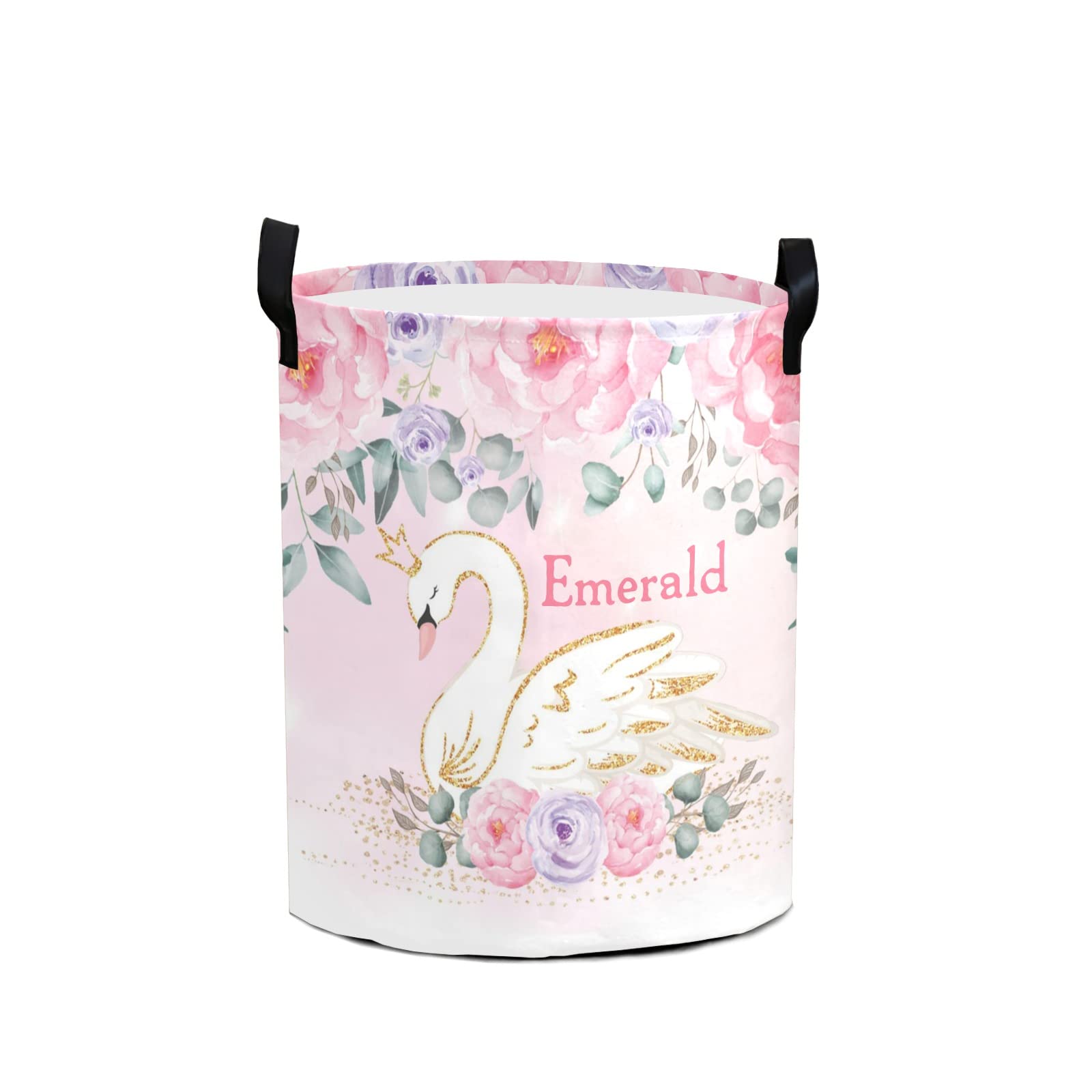 Custom Watercolor Floral Swan Pink Laundry Basket Handles Collapsible Hamper Foldable Storage Bin Living Room Office Bathroom Bedroom