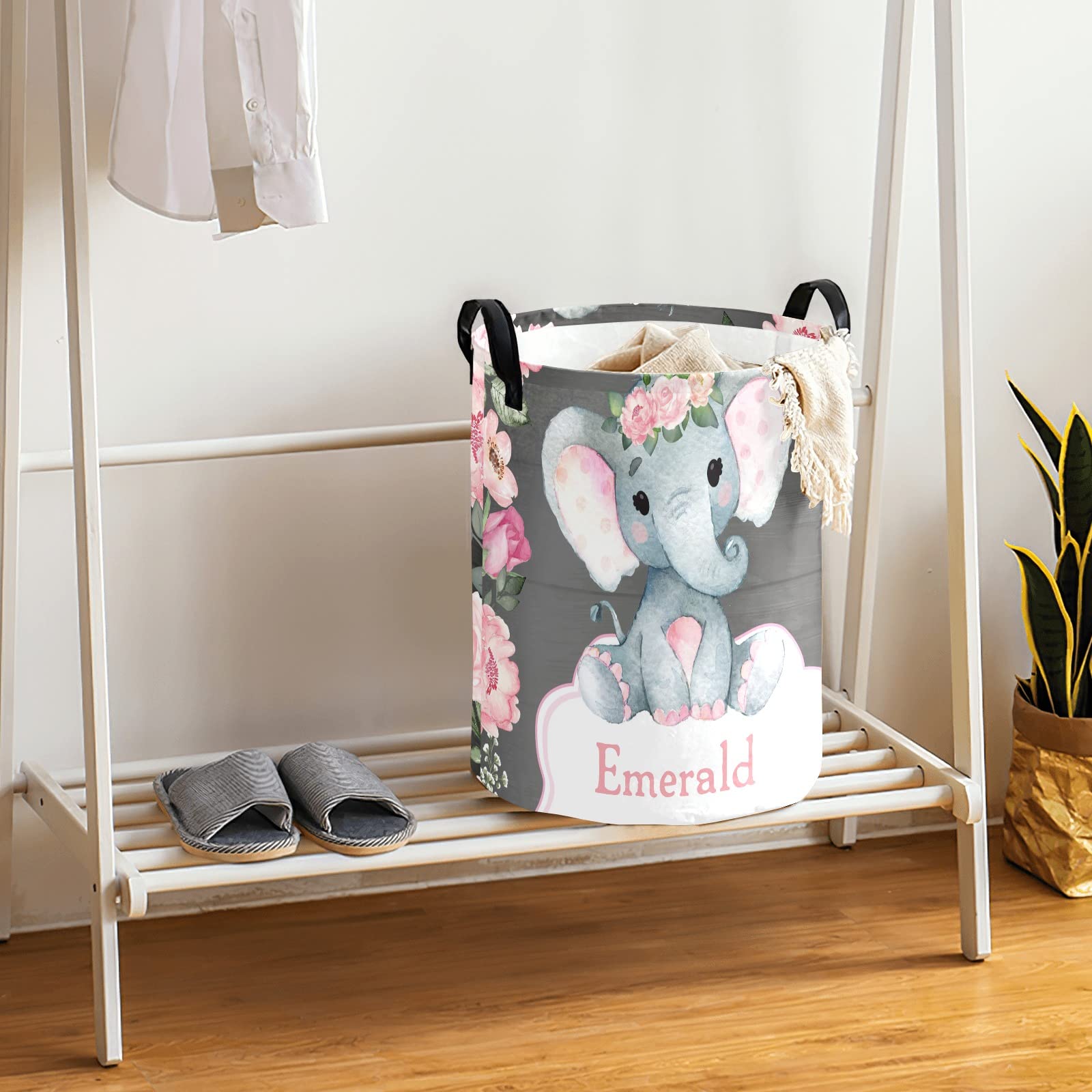 Custom Watercolor Pink Flower Elephant Storage Basket with Handles Personalized Name Waterproof Collapsible Laundry Baskets for Clothes