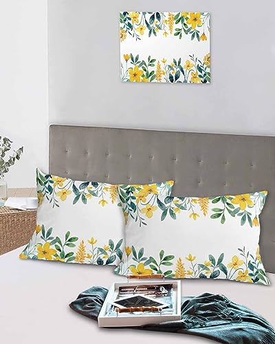 Edwiinsa Summer Tropical Plants Pillow Covers Standard Size Set of 2 20x26 Bed Pillow, Yellow Spring Floral Plush Soft Comfort for Hair/Skin Cooling Pillowcases with Envelop Closure