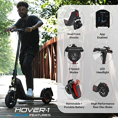Hover-1 Helios Folding Electric Scooter, 18 MPH Top Speed, 24 Mile Range, 500 Watts Max Power, 10β Pneumatic Tires, Rear Disc Brakes, Removable Battery, and Dual Front Suspension