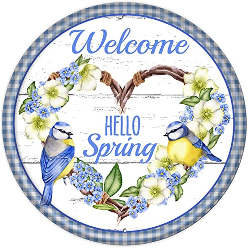 RIFOSA Round Metal Tin Sign Welcome Hello Spring Sign Bird Sign Spring Sign Door Metal Tin Sign Vintage Sign for Home Coffee Garden Wall Decor 12x12 Inch, 12X12IN