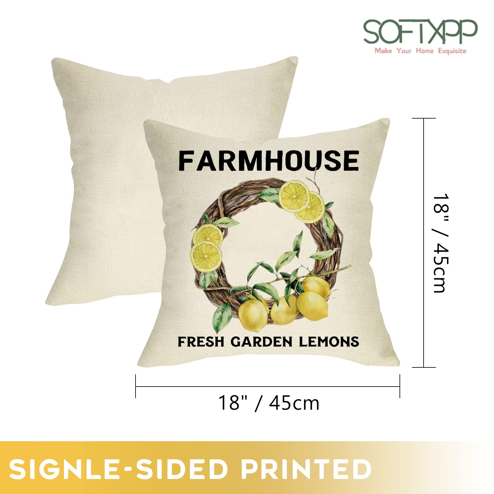 Softxpp Fresh Garden Lemons Wreath Decorative Farmhouse Throw Pillow Cover, Spring Summer Cushion Case Cotton Linen, Seasonal Home Decorations Square Outside Pillowcase Decor Sign for Sofa Couch 18x18