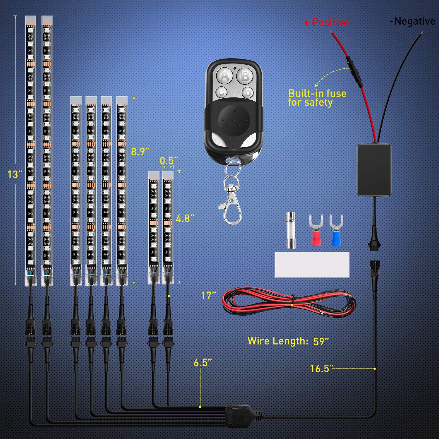 Nilight 8PCS Motorcycle RGB Led Light Kit Waterproof Multi-Color Atmosphere Lights Lamp with 4Key RF Wireless Remote for Harley Davidson Honda Kawasaki Suzuki, 2 Years Warranty (TL-42)