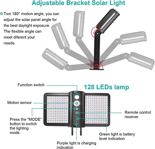 Ceena Outdoor Solar Lights with Romote, IP65 Waterproof Motion Sensor Wall Light, Cool&Warm Dimmable Flood Light, 128LEDs High Brightness Security Pole Light for Front Door, Patio, Backyard, 1Pack