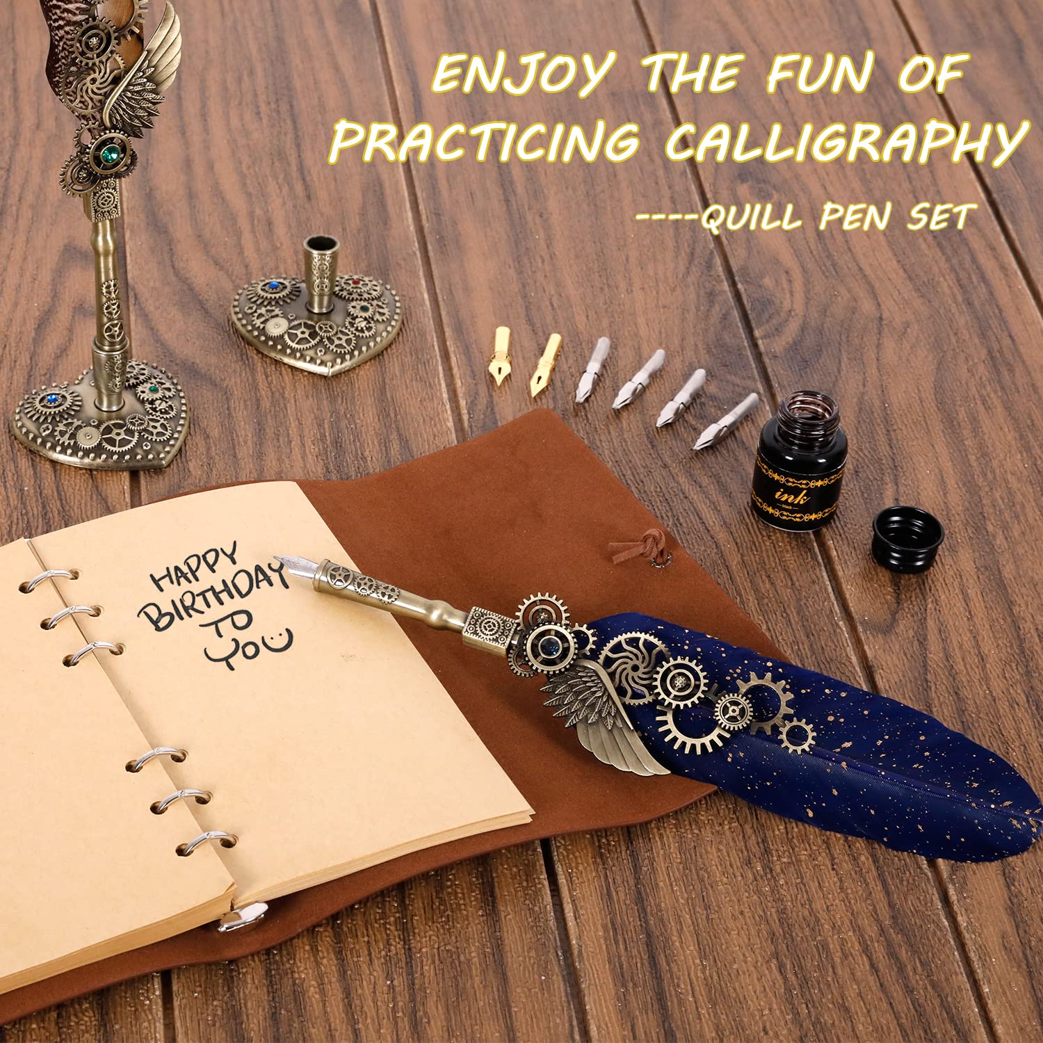 CALIYO Antique Quill Pen Ink Set, Feather Pen Calligraphy Pen Set, Mechanical Wing Quill Pen with Mechanical Exquisite Pen Holder, 6 Calligraphy Nibs, Suitable for Calligraphy Lovers(Blue Quill Pen)