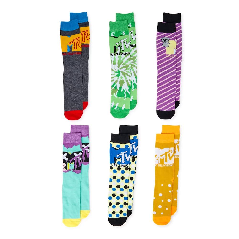 BIOWORLD Classic MTV Logos Men’s Crew Socks 6-Pack (Shoe Size: 8-12) Multicolor