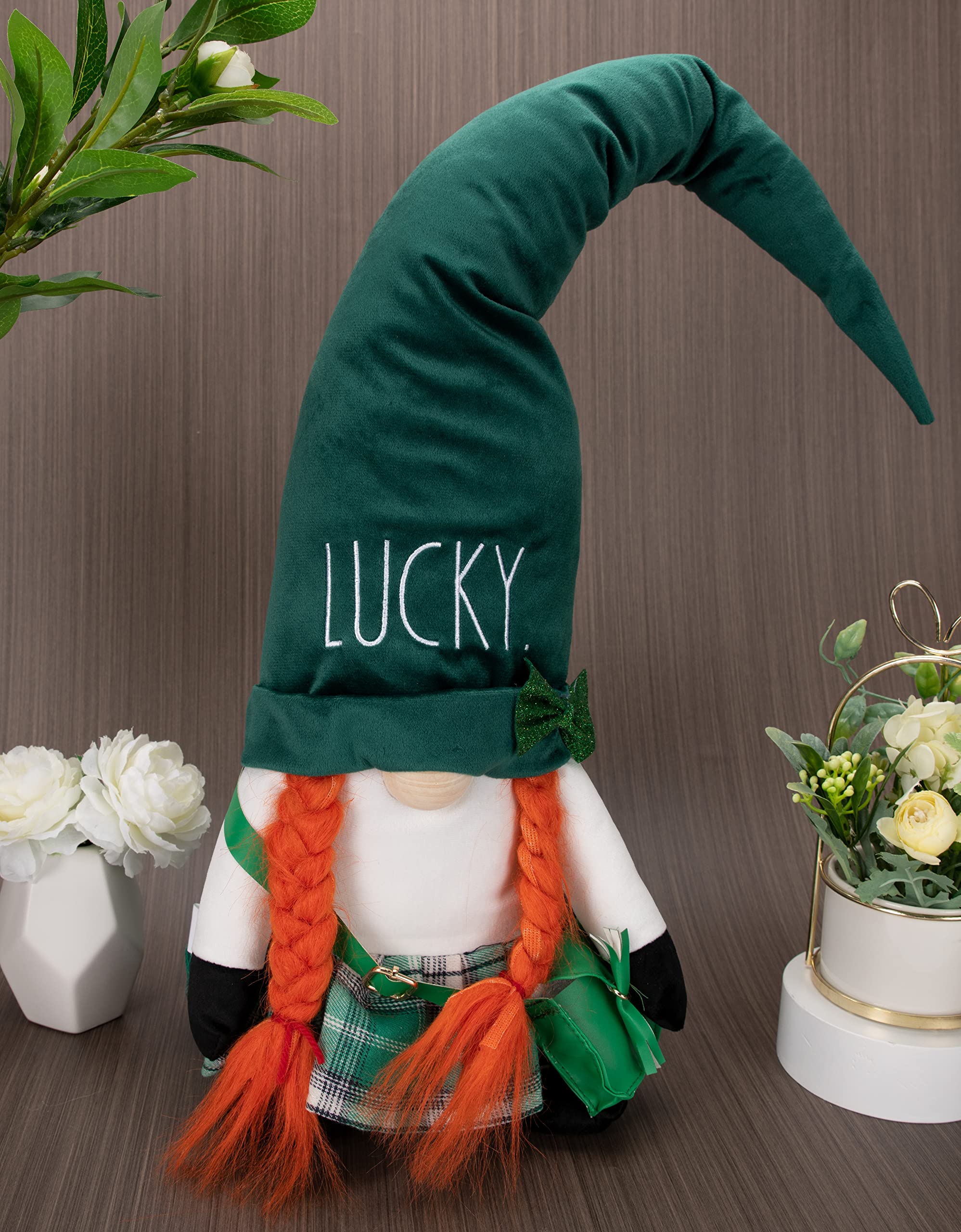 Rae Dunn St. Patrick's Gnome Lucky - 19 Inch Stuffed Plush Figurine Doll with Felt Hat - Cute Ornaments and Holiday Decorations for Home Decor and Office