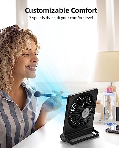 Koonie Portable Desk Fan, 3.5-20hrs Battery Operated Small USB Fan with Ultra Quiet 180° Tilt Folding, Rechargeable Personal Fan with 3 Speeds Strong Wind for Home Office Desktop, Black