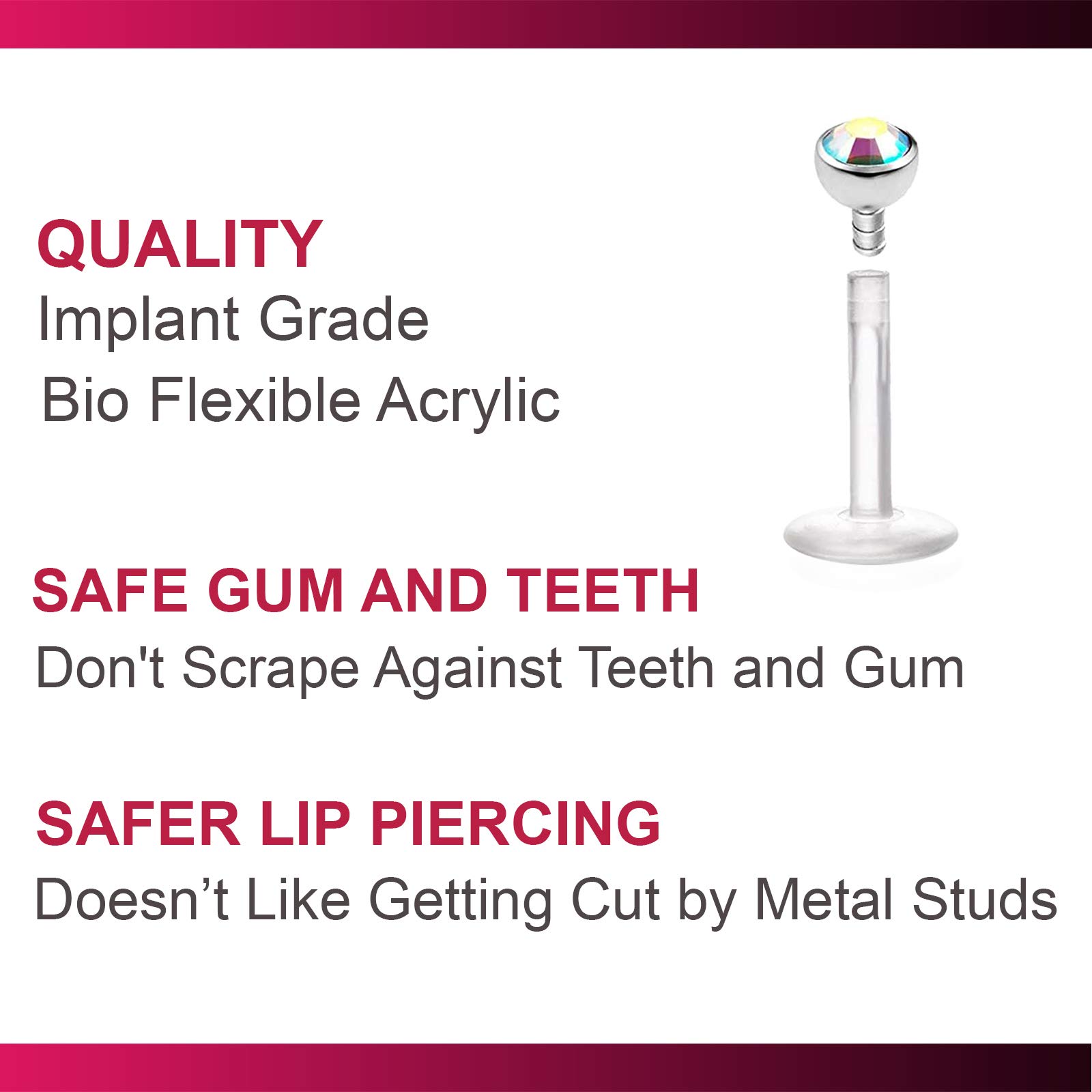 bodyjewellery 4Pcs 16g 5/16 Labret Studs Lip Conch Bioflex Push In Monroe Ring Tragus Marilyn Spider Snake Bites Clear Black AB Crystal