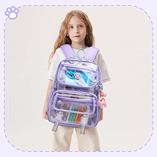 Maod Clear Backpack for Girls Cute Transparent See ThroughHeavy Duty Kid School Book Bags with Reinforced Padded Straps and Complimentary Gift (Purple, Small)