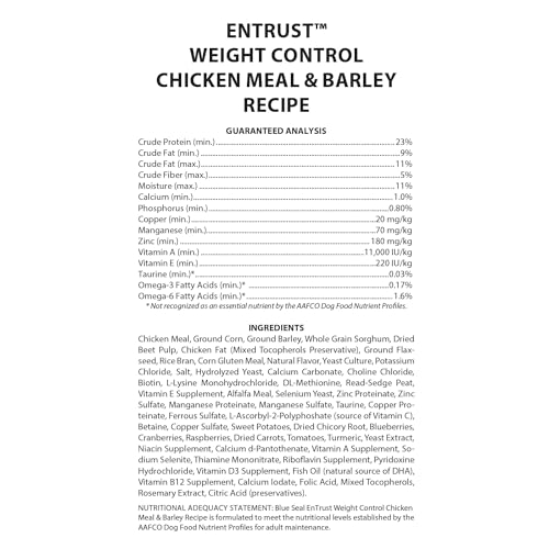ENTRUST Weight Control Dog Food | Real Chicken & Barley | Enriched with Super Foods, Antioxidants and Probiotics | No Wheat or Soy | 20 Pound Bag