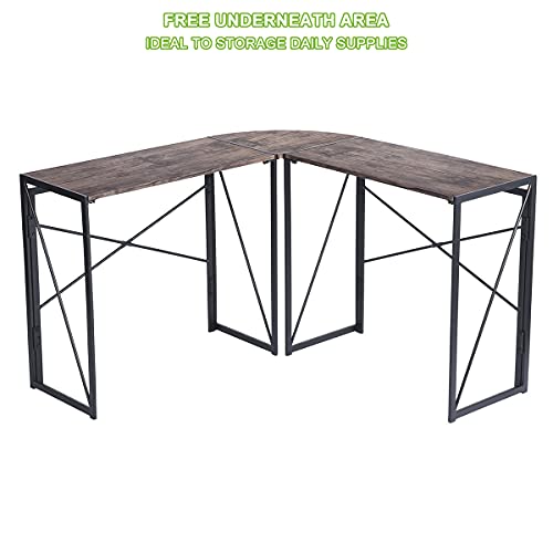 Geniqua 3-Piece L-Shaped Wooden Computer Folding Table Corner Desk Space-Saving Industrial Style PC Laptop Desk for Workstation Home Office