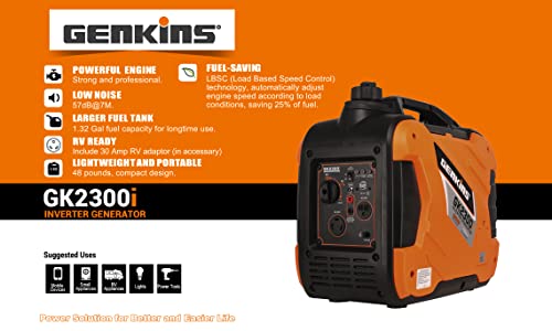 GENKINS 2300 Watt Portable Inverter Generator Ultra Quiet Gas Powered RV Ready CARB EPA Complied Ship to 50 States & Puerto Rico