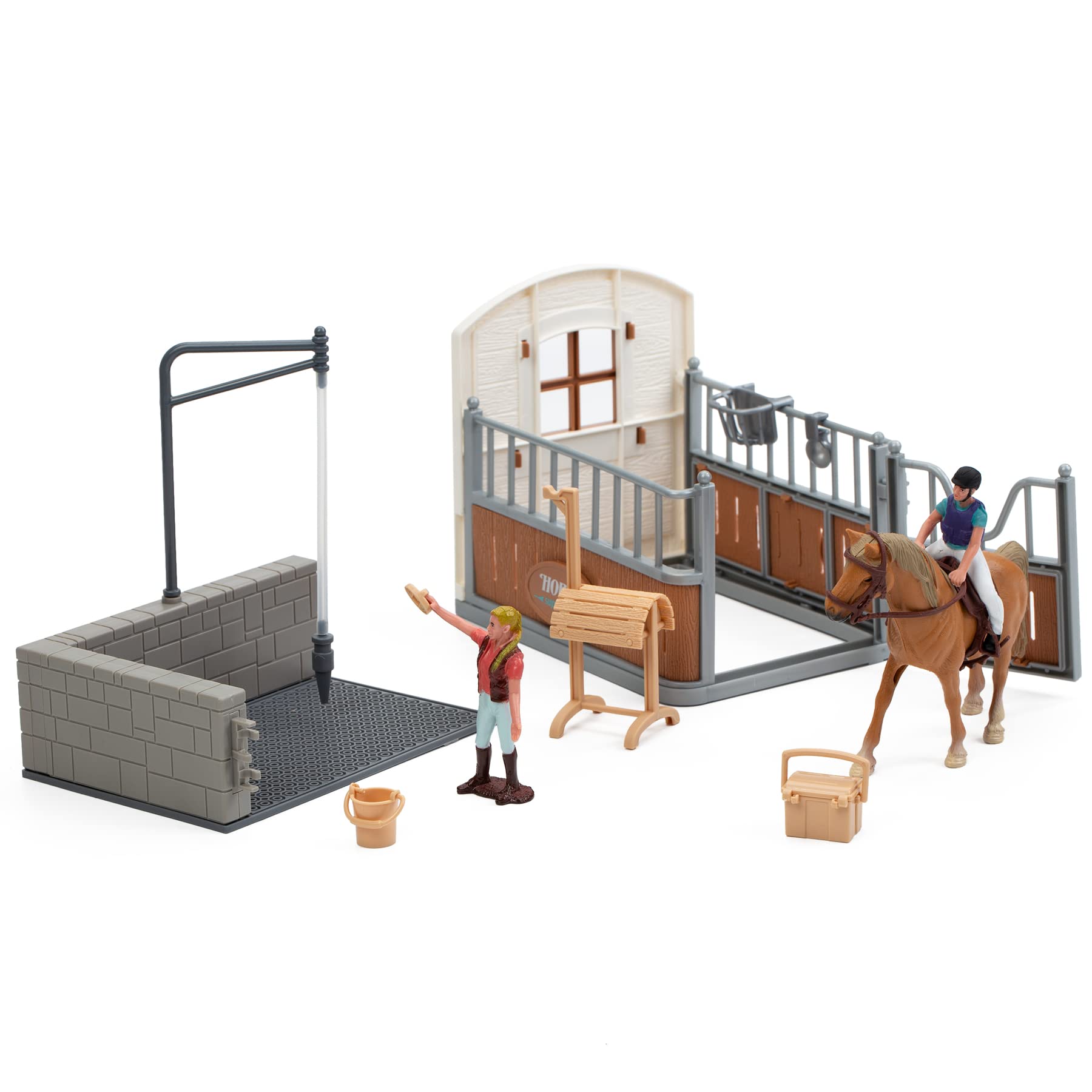 UANDME Horse Stable Playset Toys with Horse Wash Area Toy Figures for Boys and Girls Ages 5-12 Years Old, 13 Pieces Horse Stall Horse Barn Set with Tennessee Mare Horse