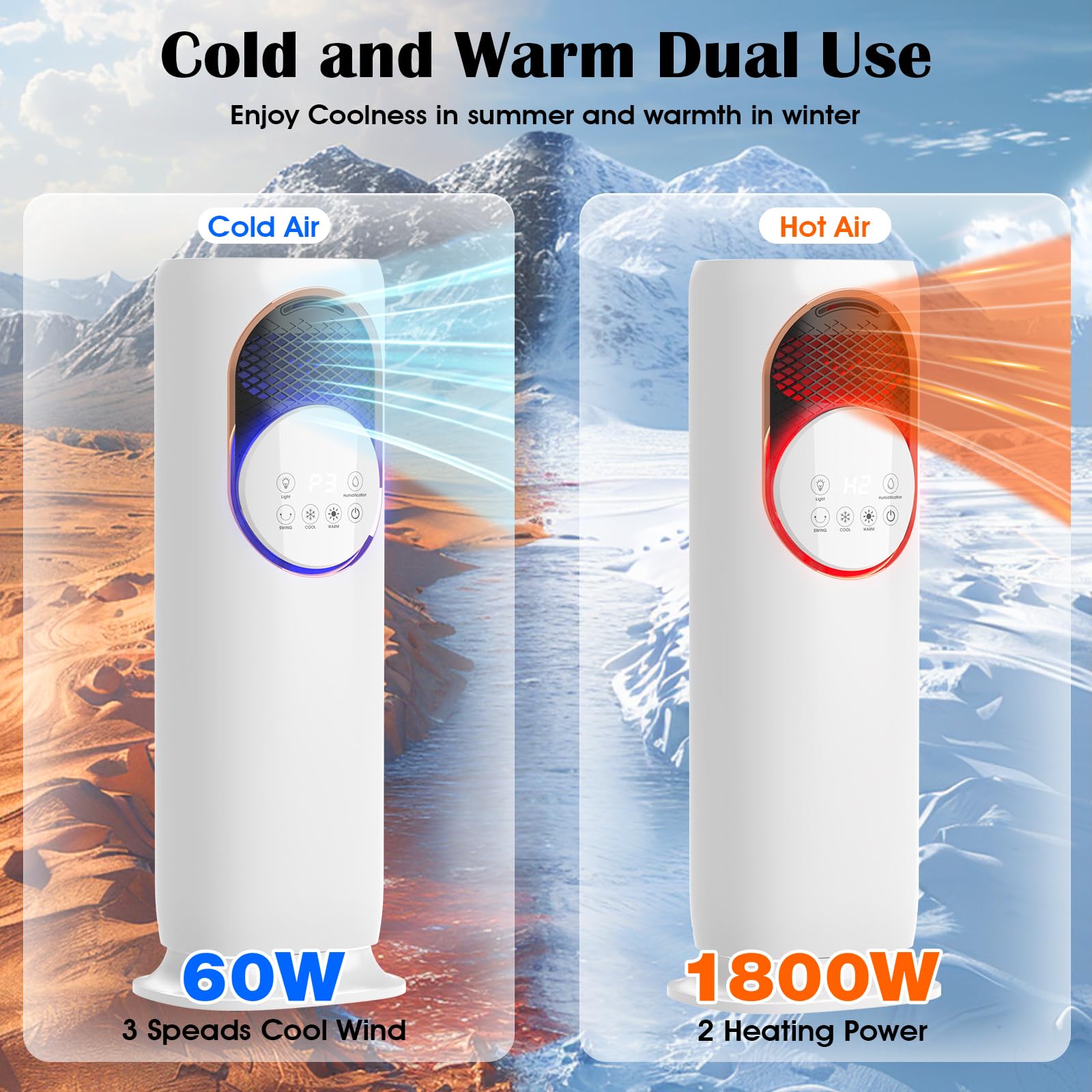 Cobuy Tower Fan and Heater Combo with Humidification, 4 in 1 Space Heaters for Indoor Use, 120°Oscillating, 1800W, 2 Speed Heating, 3 Speed Cooling, Remote Control, 9H Timer for Bedroom Room Office