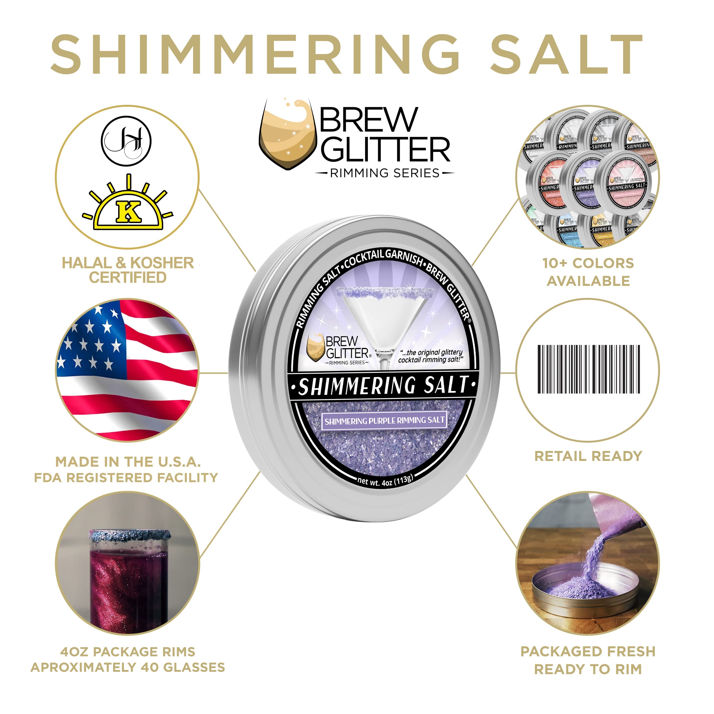 BREW GLITTER Shimmering Purple Cocktail Rimming Salt, Drink Rimmer for Beverages, Cocktails, Margaritas, Drinks, Kosher Certified, Vegan (4 oz, Shimmering Purple)