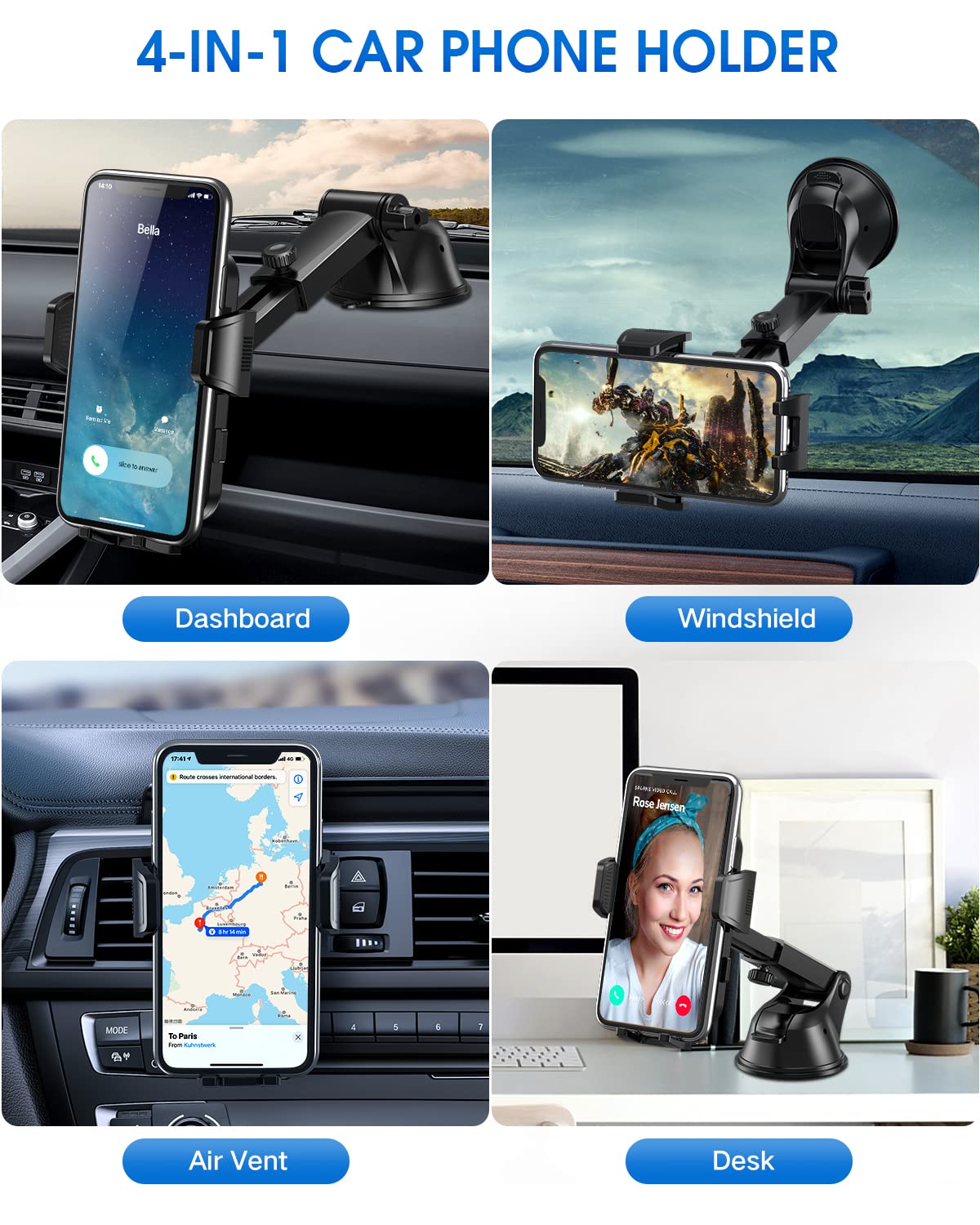 EOCAHO Car Phone Holder Mount, Upgraded Super Strong Suction Power Phone Mount for Car Dashboard Windshield Air Vent, Universal Cell Phone Holder Car Compatible with iPhone Samsung All Phones