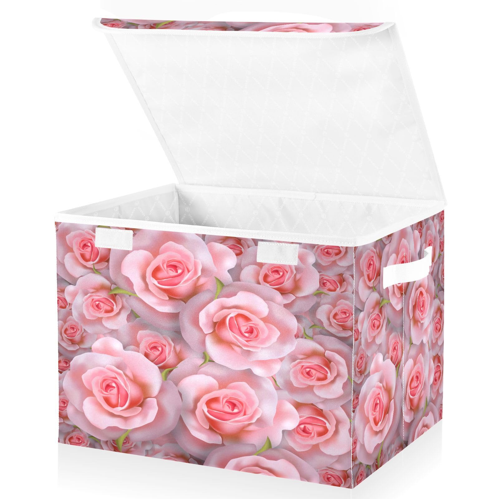 DIGTIA Pink Roses Storage Bins with Lids Large Valentines Day Flower Storage Basket with Handles Foldable Fabric Storage Box Organizer for Clothes Toys Closet Cabinet Home Office Bedroom