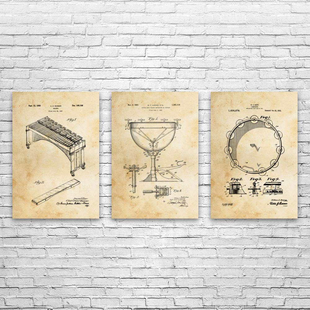 Percussion Instrument Posters Set of 3, Marimba Player Gift, Percussion Section, Marimba Concerto, Symphony Orchestra Vintage Paper (8 inch x 10 inch)