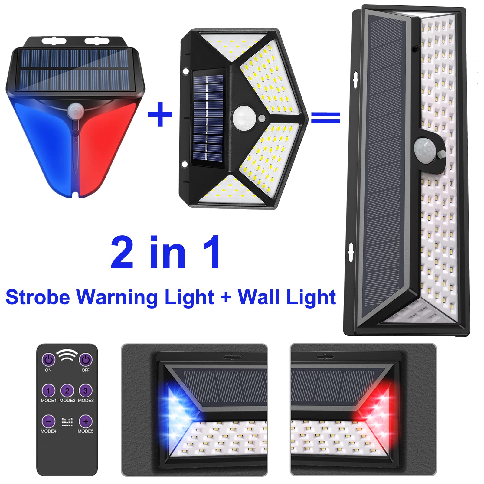 Solar Motion Sensor Security Lights Wall Lights Solar Sound Alarm Strobe Light,4 Modes IP65 Waterproof,Solar Reflector Lights Outdoor LED Motion Sensor Noise Maker with Remote for Garden Patio Yard