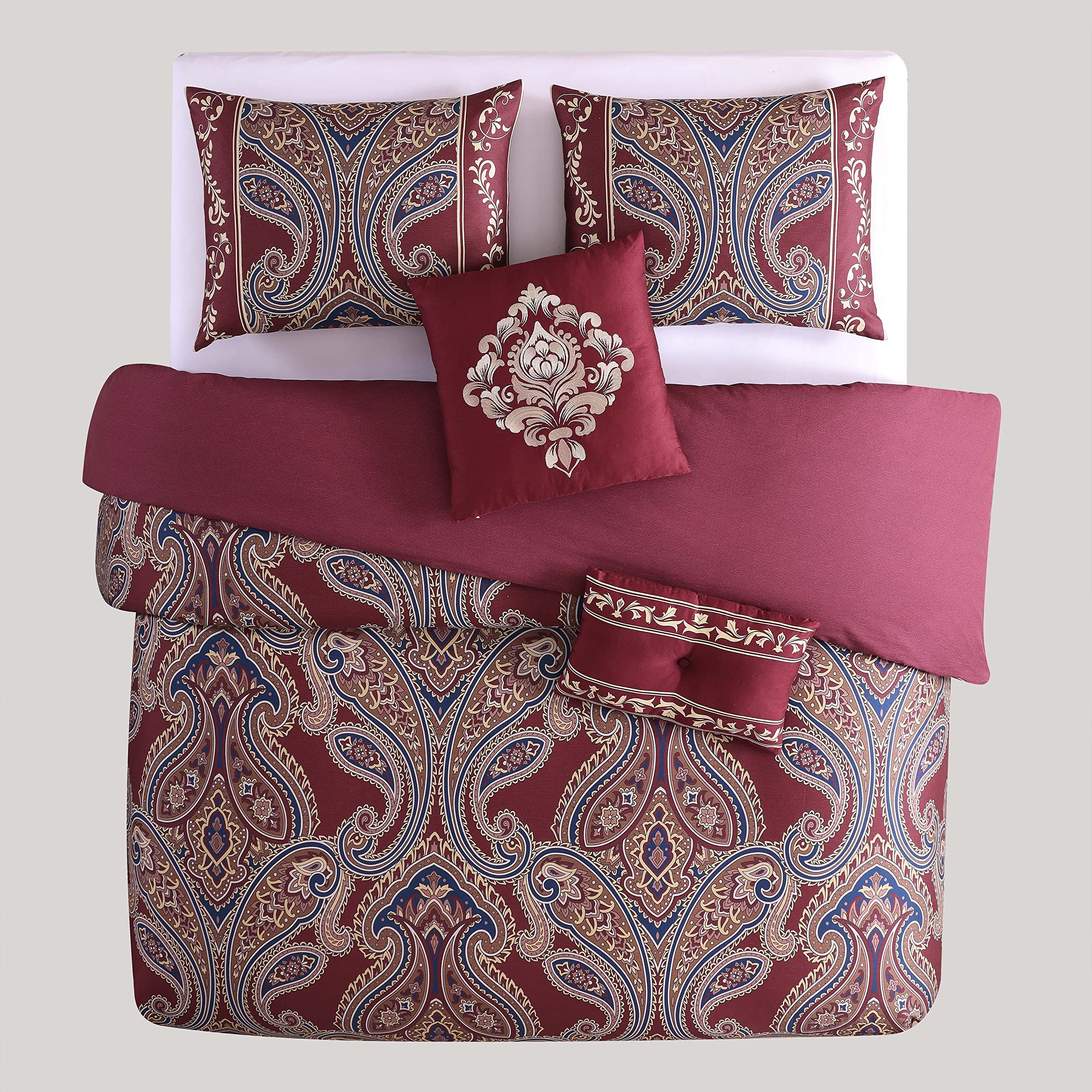 Bebejan Rossana Cotton 5 Piece Comforter Set | Teal, Gold, Beige, Terracotta Paisley Printed Pattern | Reversible | Cozy, Soft, Breathable | 1 Comforter, 2 Shams, 2 Pillows (Full/Queen)