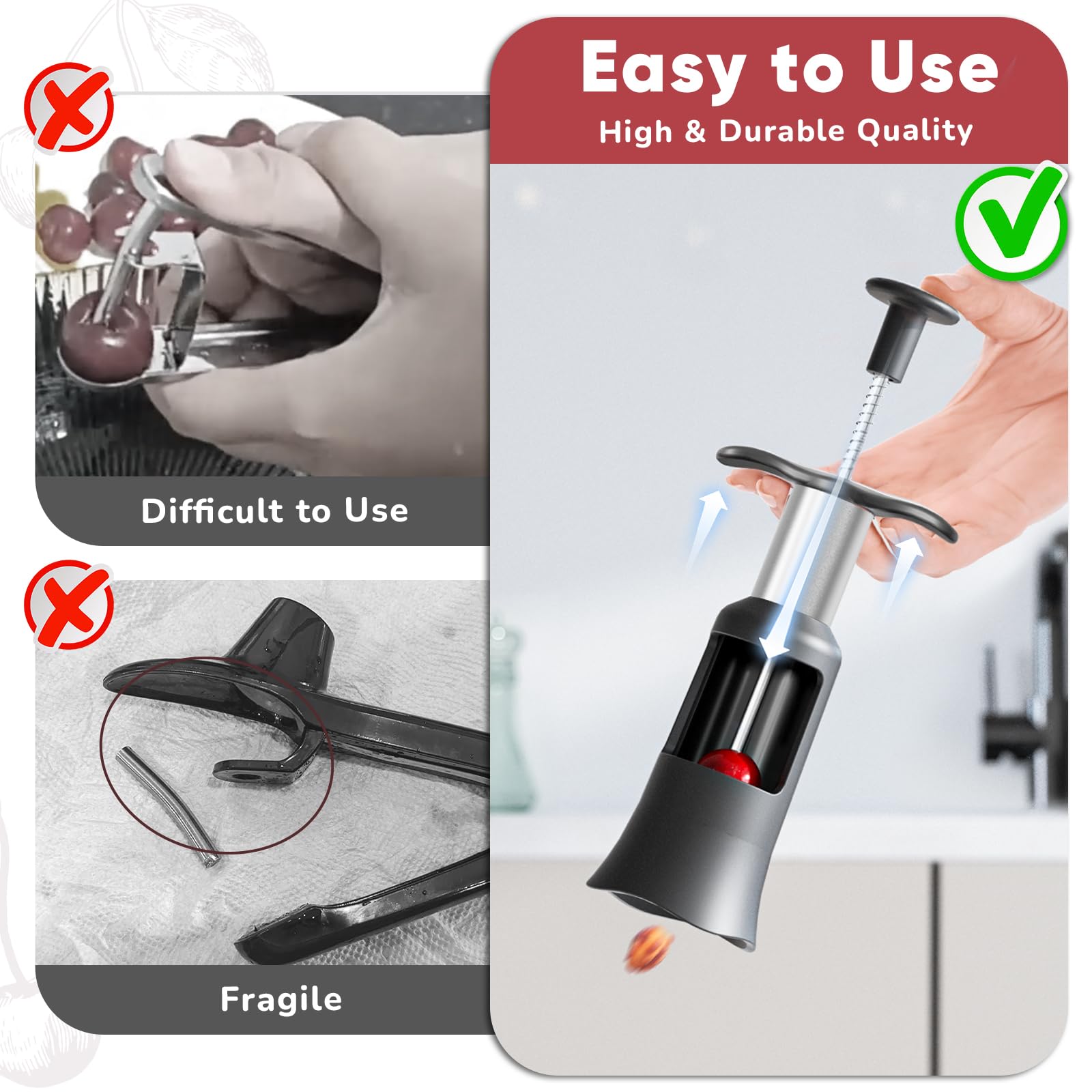 Cherry Pitter Remover Tool, Premium Quick Release Cherry Pitter, 2 in 1 Press & Push Type, Large 33mm Cherry Seed Remover, Durable, Food Grade Stainless Steel & PP Plastic, More Labor Savingļ¼Black)