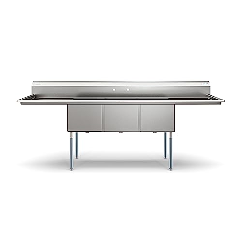 KoolMore 102 in. Three Compartment 18-Gauge Stainless-Steel Commercial Kitchen Sink, Bowl Size 18x24x14, with Three Basins for Washing and Rinsing Dishes with Two Drainboards (KM-SC182414-24B3)