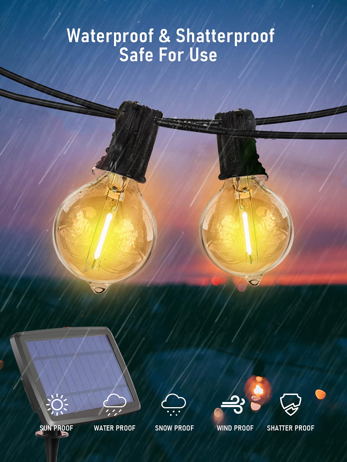 Solar String Light Outdoor Lijun 50FT S14 LED Patio Lights Waterproof Shatterproof 4 Light Mode Solar Powered with 17 Plastic Hanging E26 LED Bulbs for Porch, Pergola, Backyard, Garden, Party, Wedding