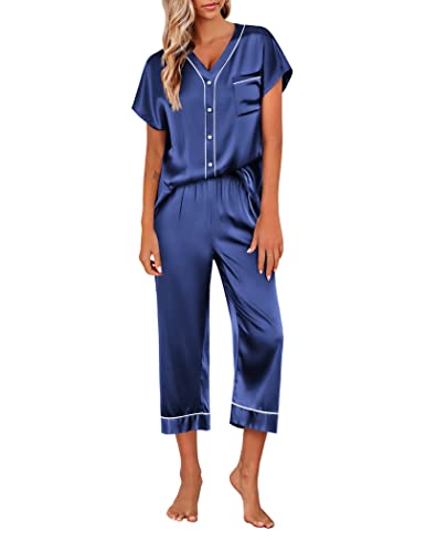 Ekouaer Satin Pajamas Women's Short Sleeve Sleepwear V-Neck Nightgown Two-piece Loungewear Button-up Pj Set Navy Blue