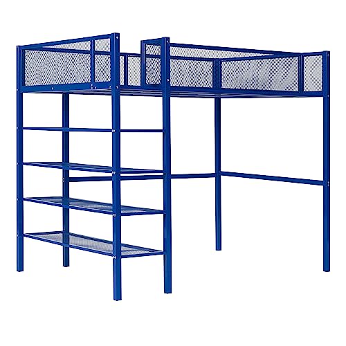FIQHOME Twin Size Metal Loft Bed with 4-Tier Shelves,Heaty Metal Loft Bedframe with Safety Guardrail and Storage,Space Saving Loft Bed Twin for Kids Teens, Blue