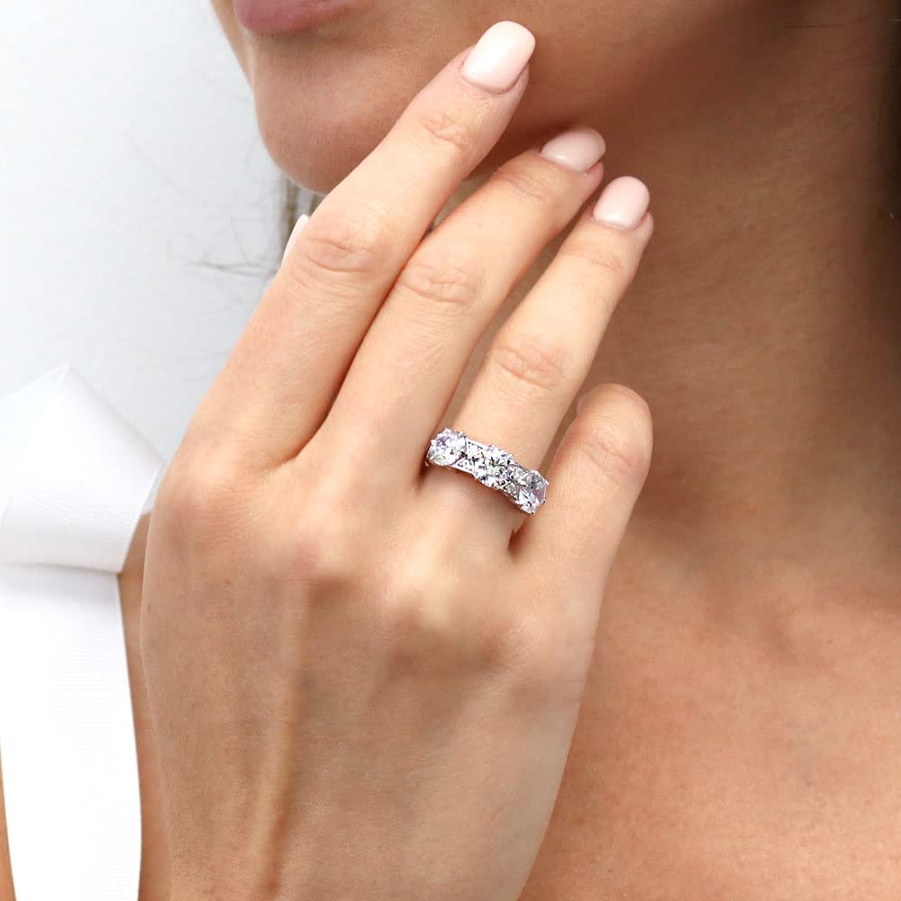 BERRICLE Sterling Silver 3-Stone Wedding Engagement Rings Round Cubic Zirconia CZ Statement Art Deco Ring for Women, Rhodium Plated Size 7