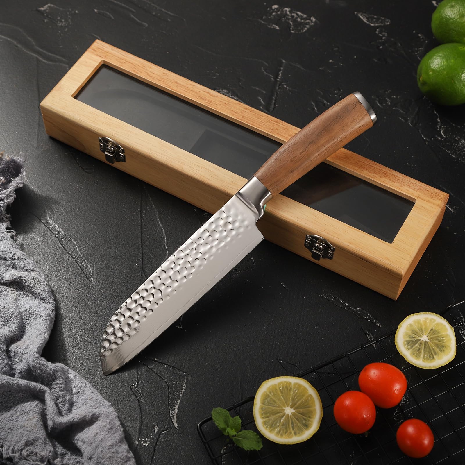 Damascus Santoku Knife 7 Inch,Professional Kitchen Knife with Ergonomic Walnut Wood Handle,67 Layers Super Steel Damascus Kitchen Knives,Rubber Wood Gift Box Packing,Christmas Kitchen Gifts for Men