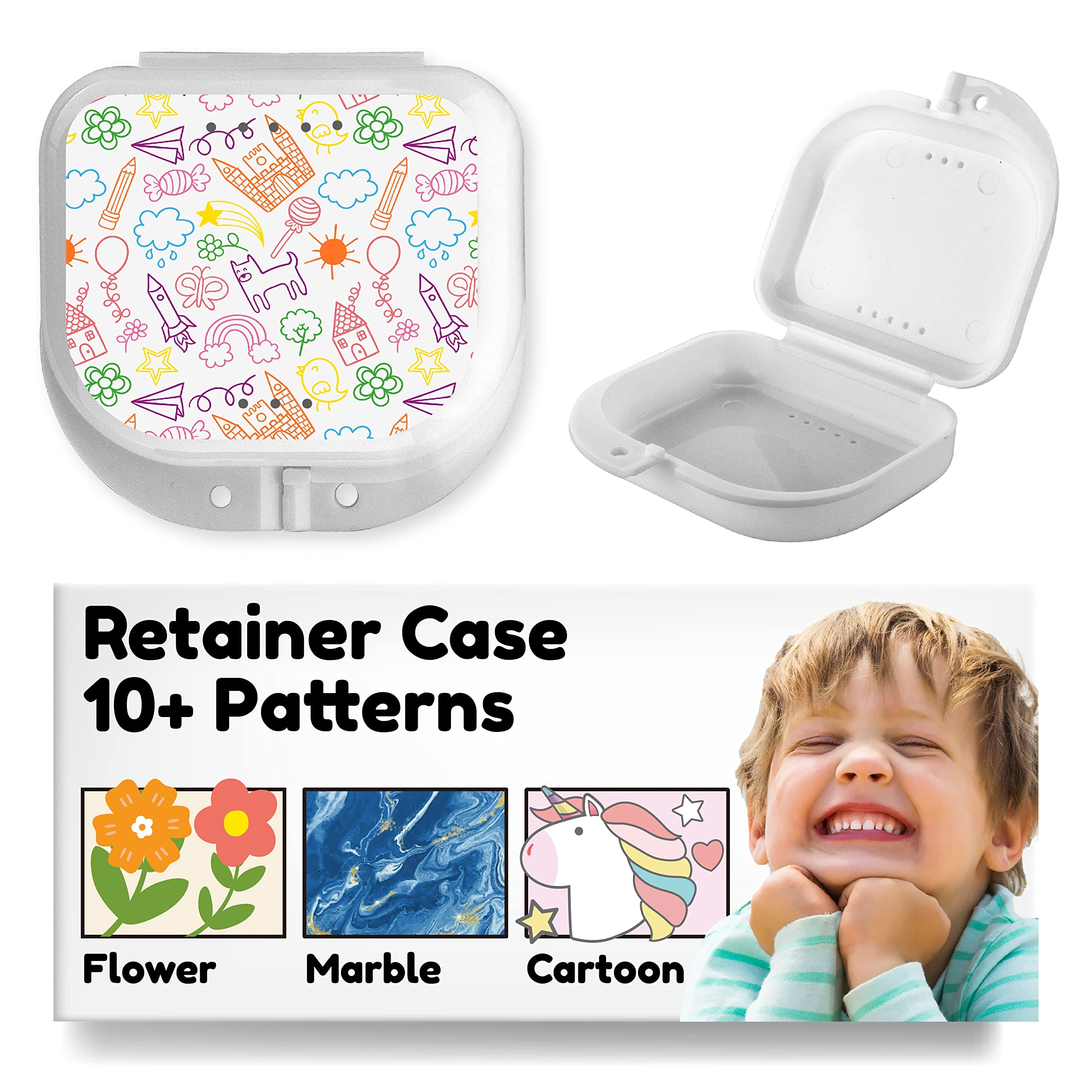 Cute Retainer Cases, Retainer Holder Case 1 Pack, Aligner Case with Funny Cartoon, Night Guard Case with Children Drawings Patterns (White)