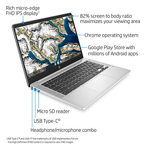 HP Chromebook 14-inch FHD Laptop, Intel Celeron N4000, 4 GB RAM, 32 GB eMMC, Chrome (14a-na0050nr, Mineral Silver)