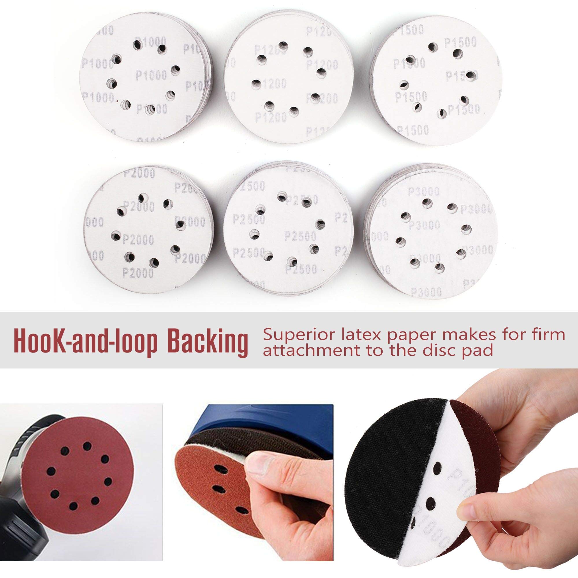 LotFancy Sanding Disc 5 Inch 8 Hole, 120PCS - 1000 1200 1500 2000 2500 3000 Grit Assorted, Random Orbital Sander Pads, Hook and Loop Sandpaper