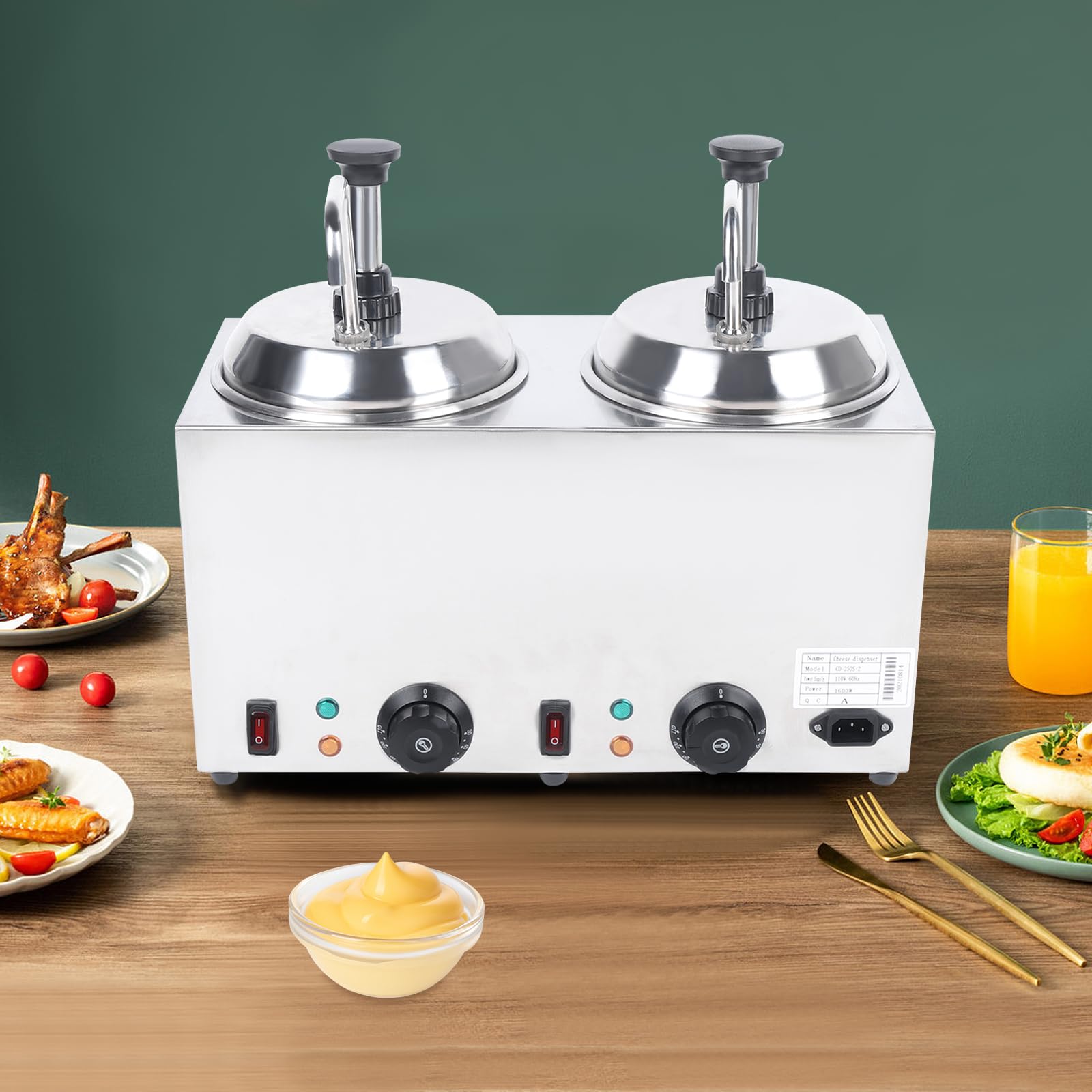 Electric Cheese Dispenser, 2l*2 Capacity Hot Fudge Warmer ,Cheese Dispenser Warmer with Pump ,Stainless Steel Hot Cheese Dispenser for melting melted butter, fudge, cheese, caramel, butter topping