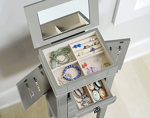 Hives and Honey Meg Jewelry Armoire - Modern Wood Storage Organizer with Necklace Hooks, 5 Drawers, and Vanity Mirror, Grey