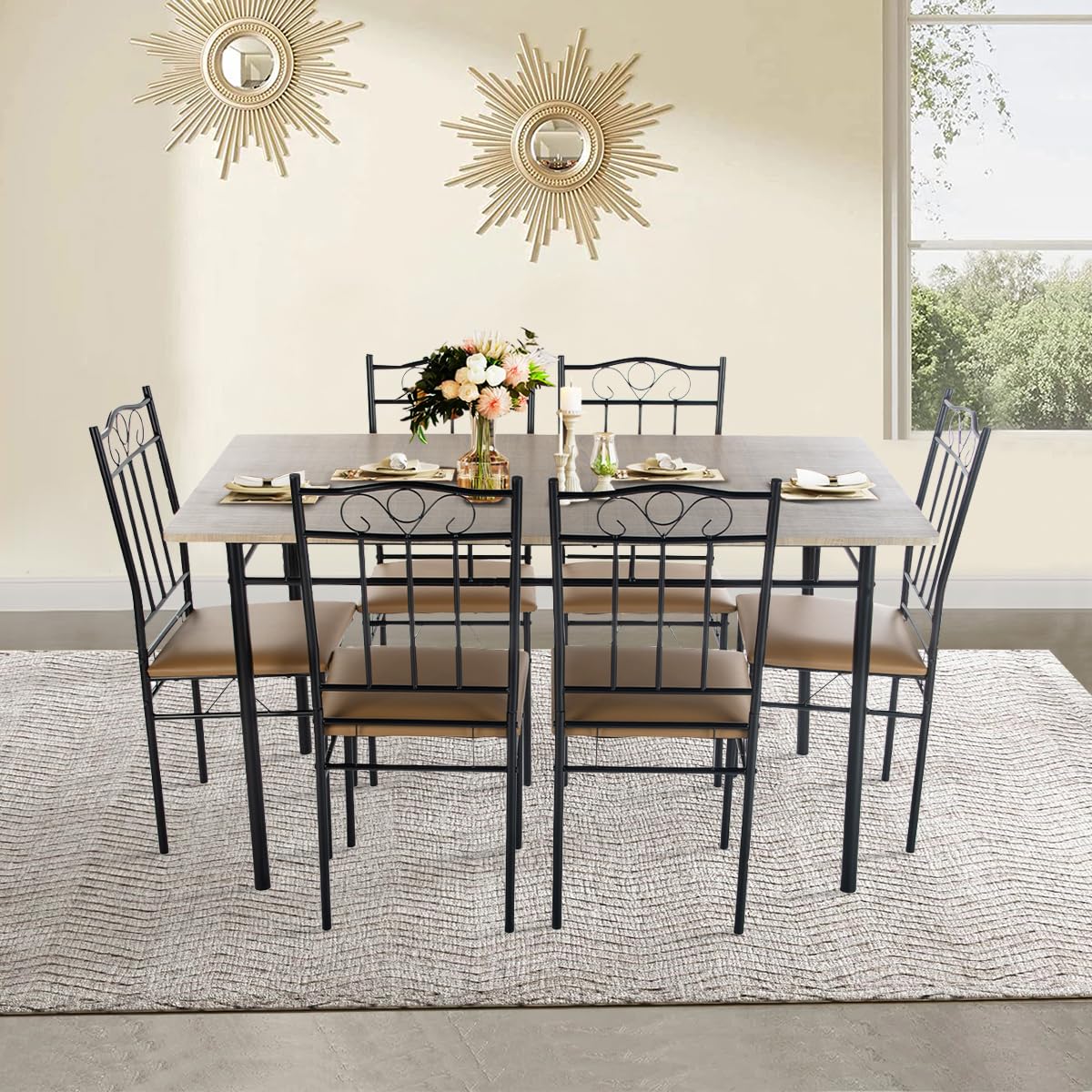 Dining Table Set for 6, Kitchen Table and Chairs for 4-6 People, 7 Piece Kitchen Table Sets, Rectangular Dining Room Table Set with 6 PU Leather Chairs, Beech/Brown
