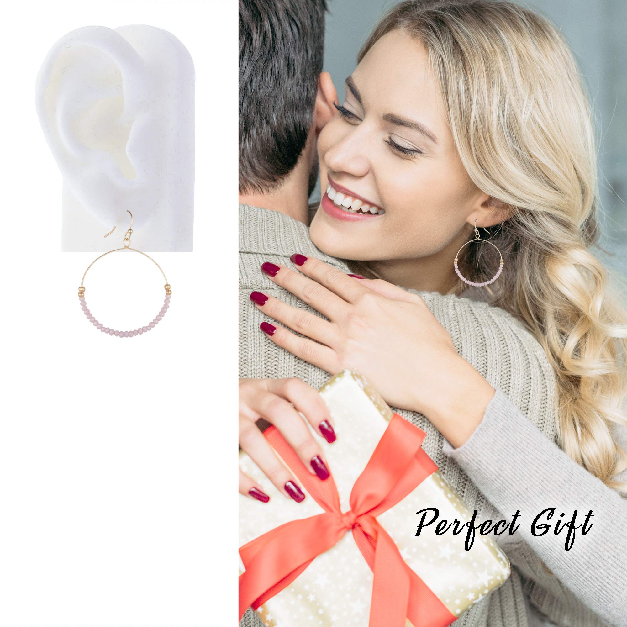 Bohemian Boho Round Circle Hoop Dangle Drop Earrings for Women – Delicate - Handcrafted – Colorful Faceted Glass Beads – Gold Plated – with Gift Box Included (White Opal)