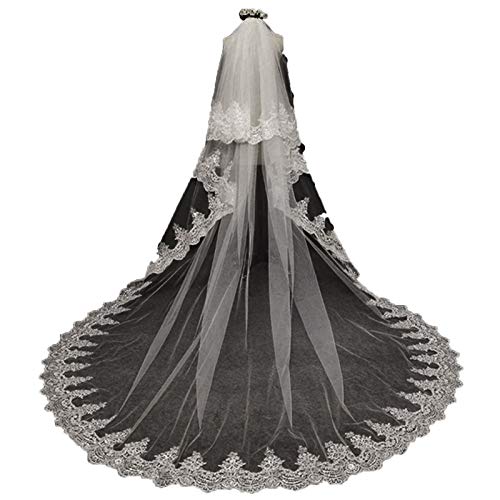 Berrysun Wedding Veil Wedding Accessory 3 Meters Two Layers Full Edge with Sequins Blings Sparkling Lace Luxury Long Wedding Veils White Ivory Bridal Veil (Color : White)