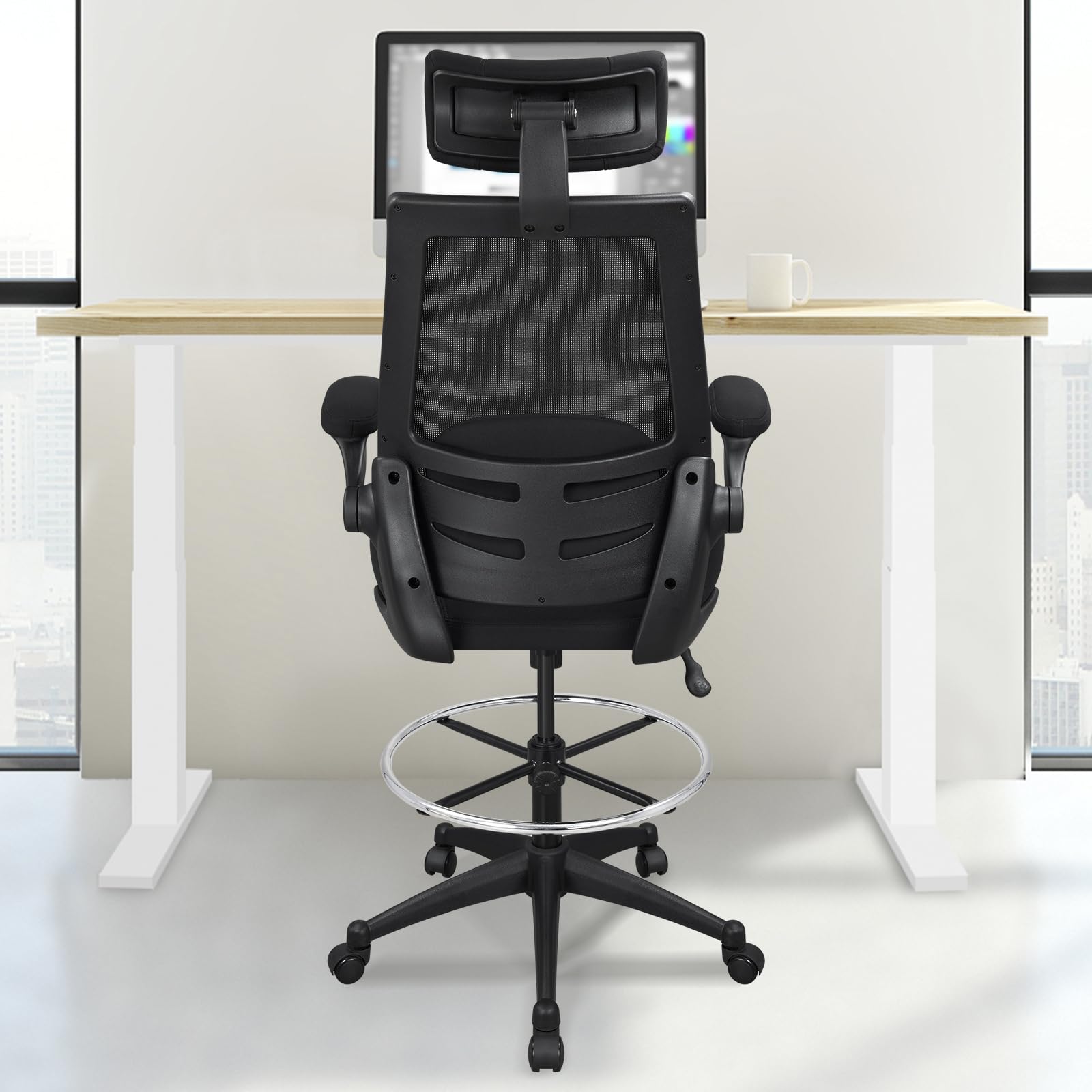 BOLISS 400lbs High-Back Mesh Ergonomic Drafting Chair,Tall Office Chair, Standing Desk Chair,Adjustable Headrest,with Flip-Up Arms,Lumbar Support Swivel Computer Task Chair-Black